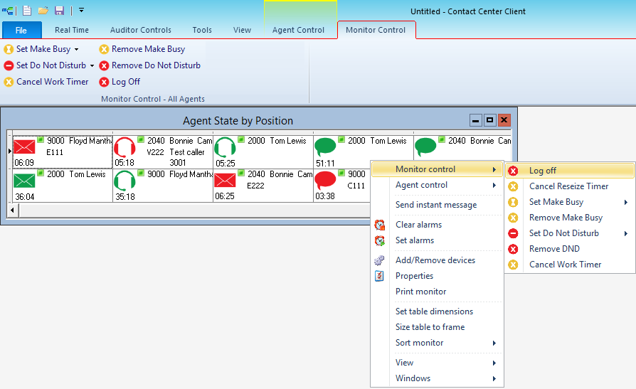 Controlling employees and agents in real-time monitors