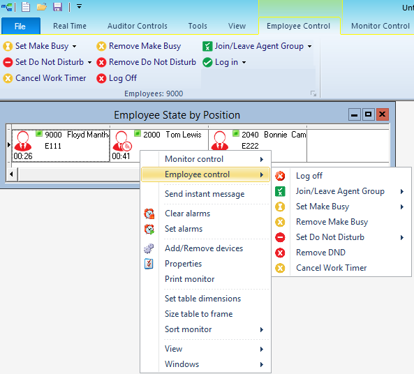 Controlling employees and agents in real-time monitors