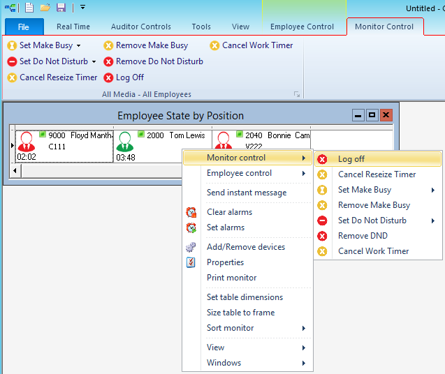 Controlling employees and agents in real-time monitors
