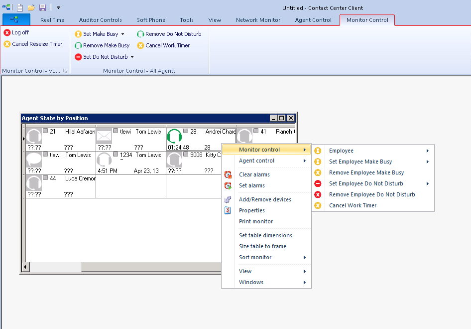 Controlling employees and agents in real-time monitors