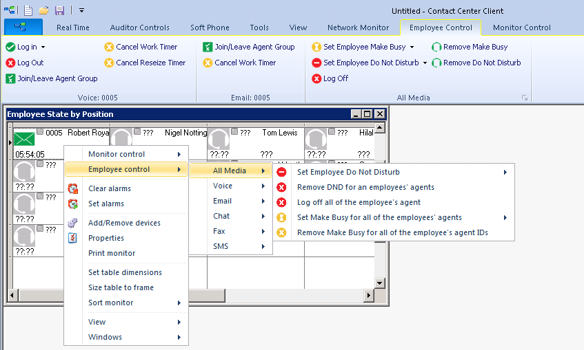 Controlling employees and agents in real-time monitors
