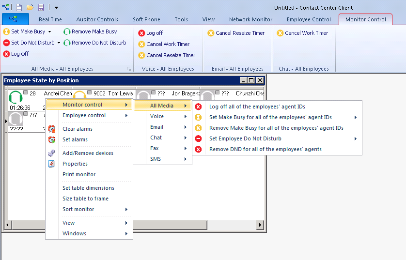 Controlling employees and agents in real-time monitors