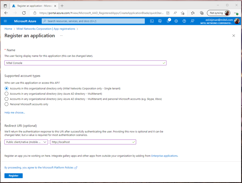 Create the Azure Client Application in Azure