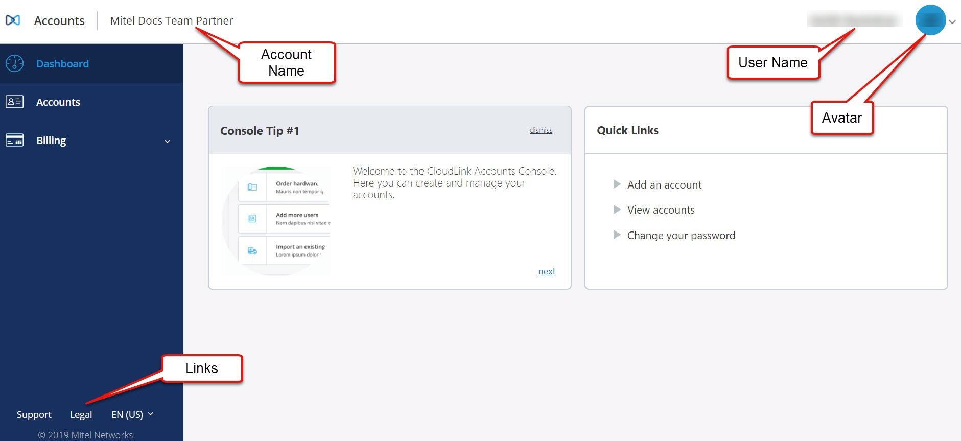 Accounts Console Dashboard